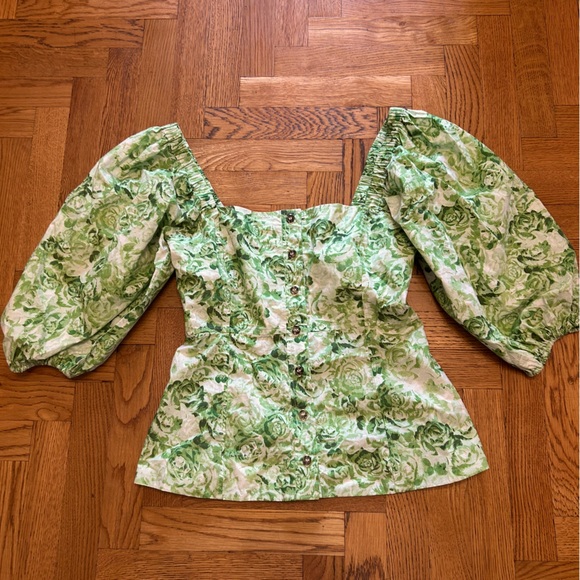 Ganni | Tops | Ganni Womens Cotton Puff Sleeve Button Green Floral Rose ...